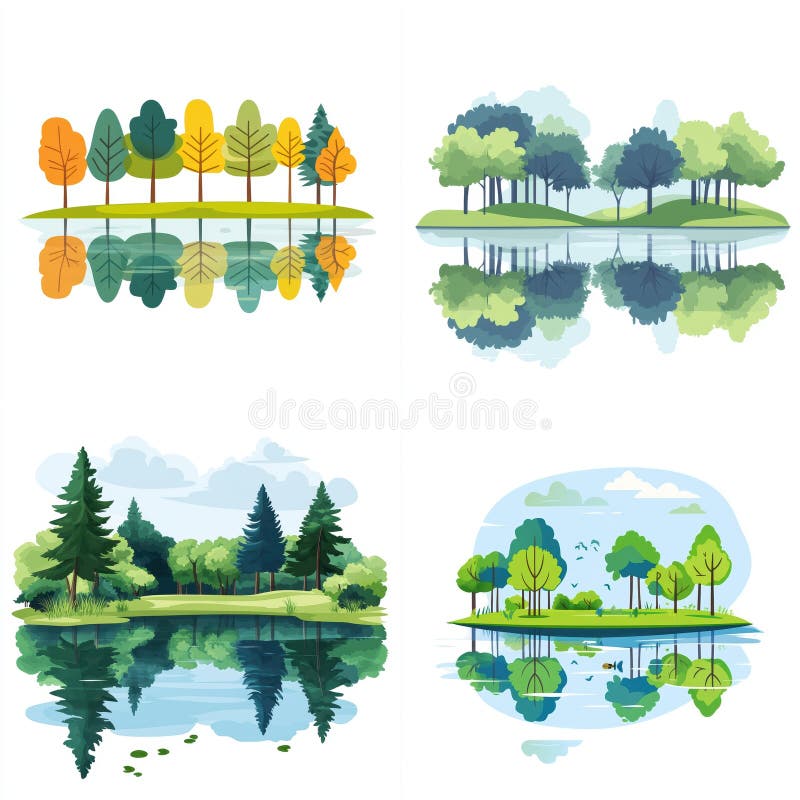 Lakeside Forest Reflections Stock Illustration - Illustration of ...