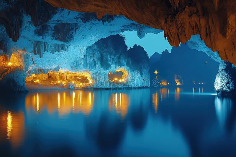 Exploring a Tranquil Underground Cavern Illuminated by Glowing Lights ...