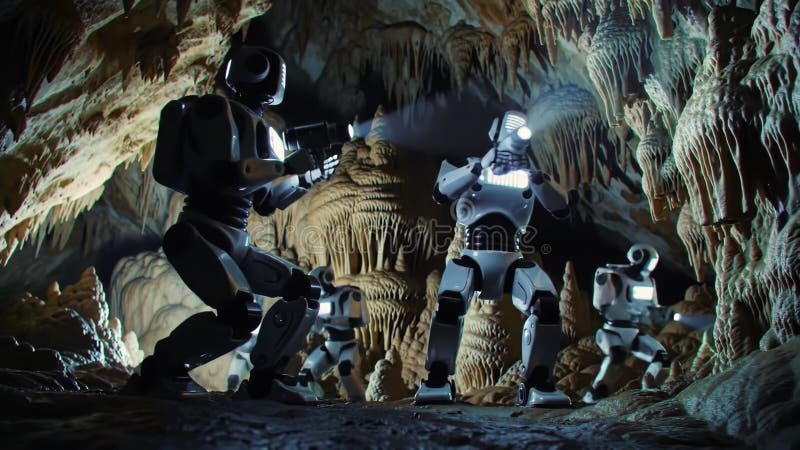 Exploring an Underground Cave with Advanced Robots Conducting Research ...