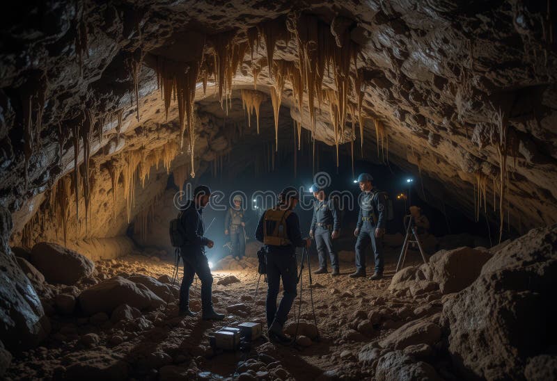 Exploring an Underground Cave with Researchers at Dusk Stock ...