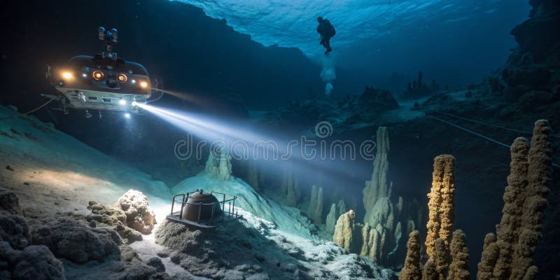 Exploring Underwater Caves Using a Submersible and Scuba Diver in a ...