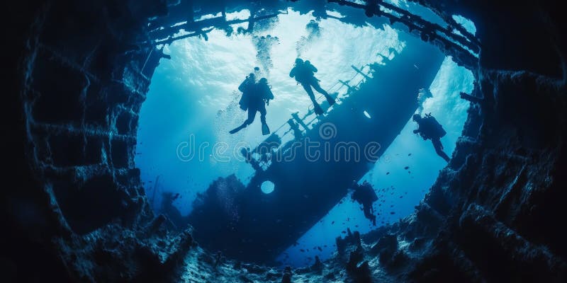 Exploring an Underwater Shipwreck. Divers Swim through the Blue Waters ...