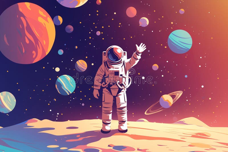 An Astronaut Stands in Space and Waves. Stock Illustration ...