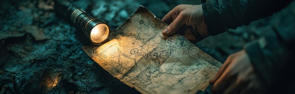Exploring the Unknown: Hand with Flashlight on Old Map in Abandoned ...
