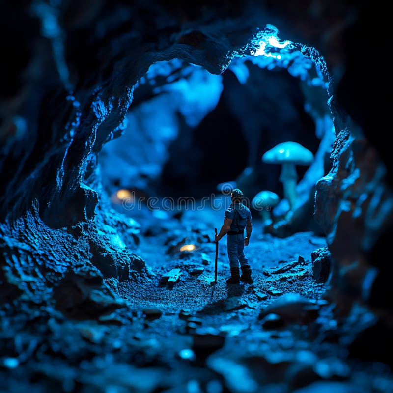 Exploring the Unknown Miniature Figure Standing in a Glowing Cave Stock ...
