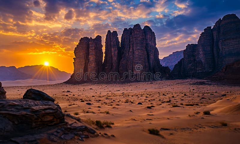 Exploring Vast Desert Landscape with Rock Formations at Sunset Stock ...