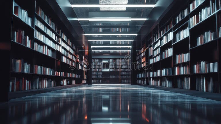 Exploring a Vast Library with Bookshelves and Reflected Lighting Stock ...