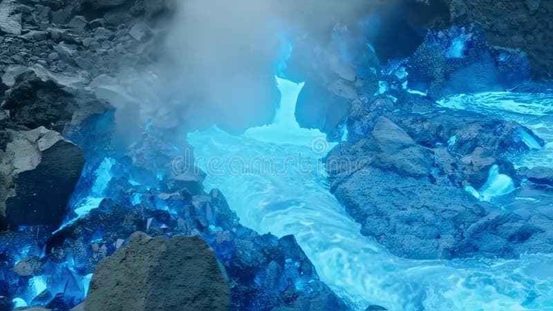 Exploring Vibrant Blue Lava Flow in a Volcanic Landscape during ...
