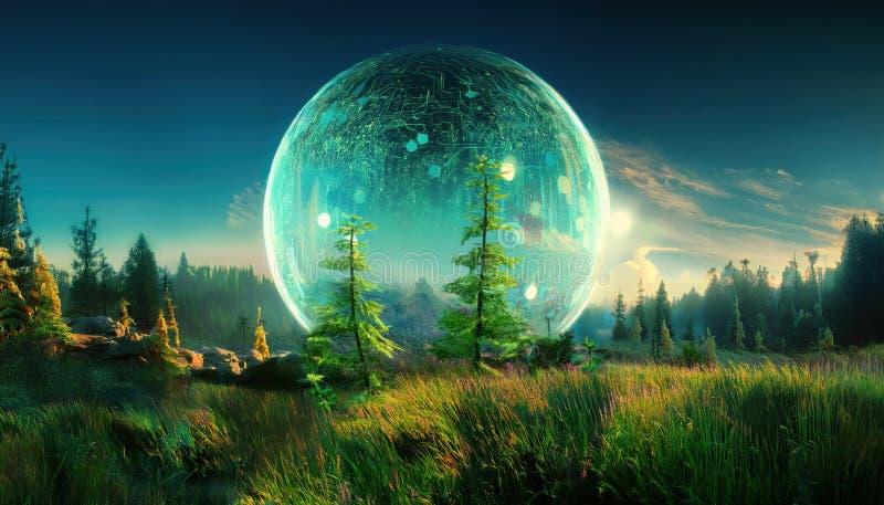 Exploring a Vibrant Digital Data Orb Surrounded by Wild Growth in a ...