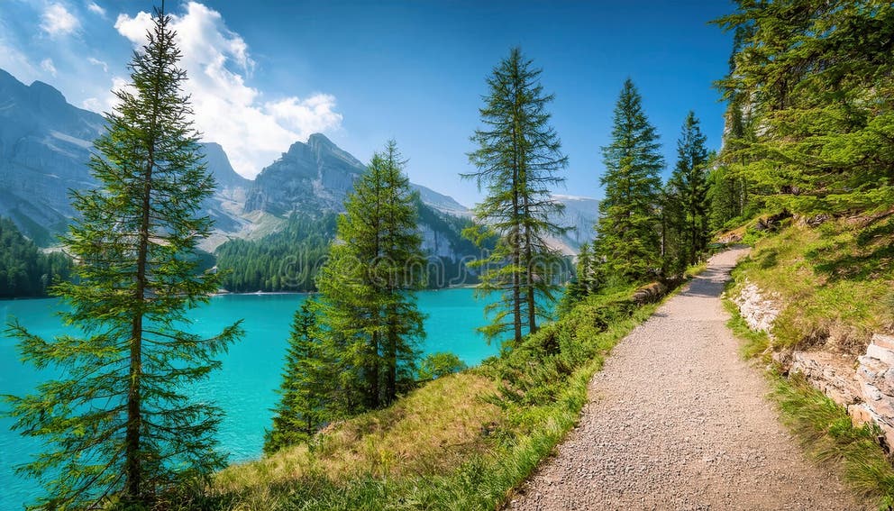 Exploring a Vibrant Lakeside Path Surrounded Stock Photo - Image of lakeside, sunlight: 362004886