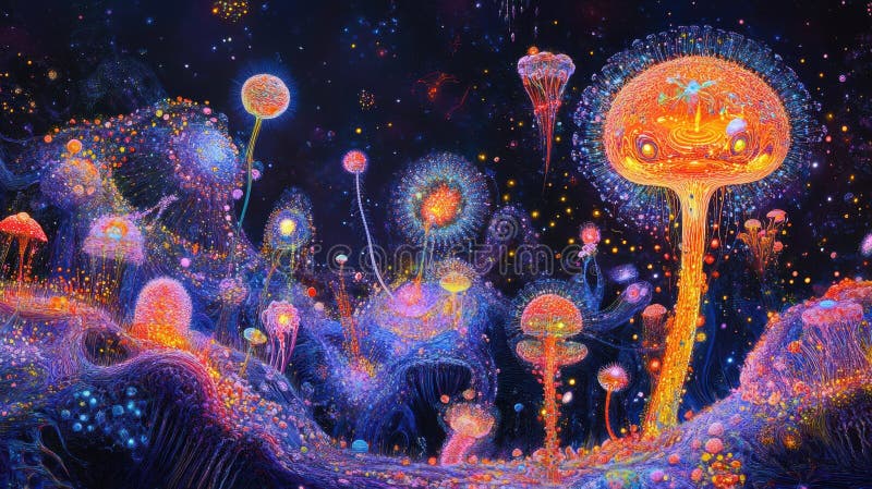 Vibrant Microscopic Landscape with Glowing Viruses and Intricate ...