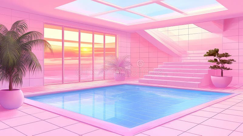 Exploring Vibrant Urban Architecture through a Striking Pink-themed Pool Area at Sunset Stock ...