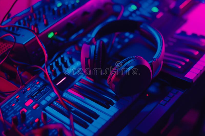 Vibrant Dj Set with Headphones and Neon Lights in a Colorful Nature ...