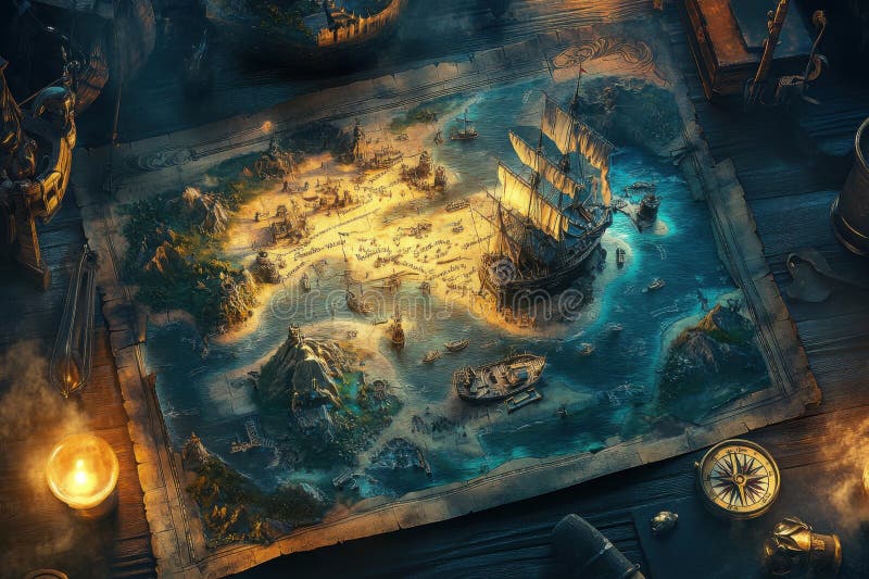 Exploring Vintage Pirate Treasure Map with Sailing Ship and Compass ...