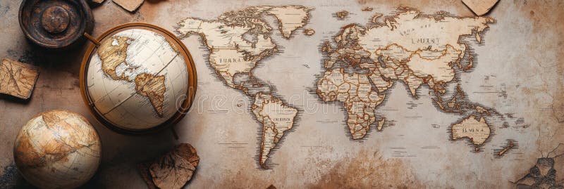 Exploring Vintage World Maps with a Globe and Antique Compass on an Old ...