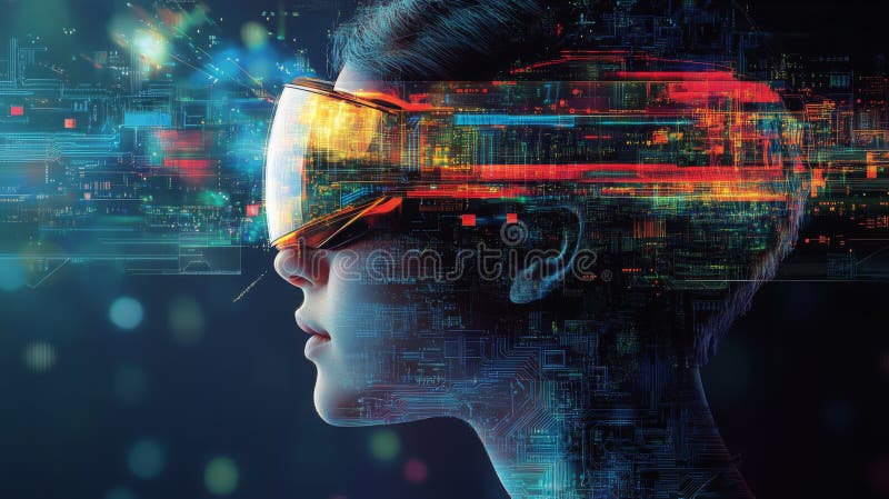 User Enjoys Virtual Reality Experience Futuristic Goggles Technology ...