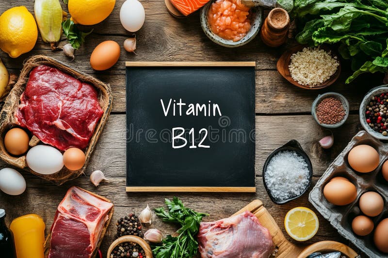 Exploring Vitamin B12 Sources with Fresh Meat, Fish, and Eggs on Rustic ...