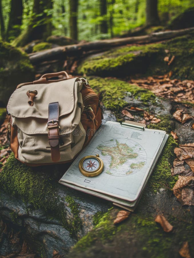 Exploring the Wilderness with a Backpack, Compass, and Map on Mossy ...
