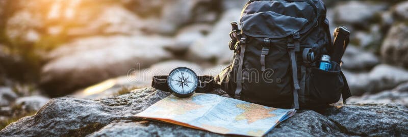 Exploring the Wilderness with a Backpack, Compass, and Map on Rocky ...