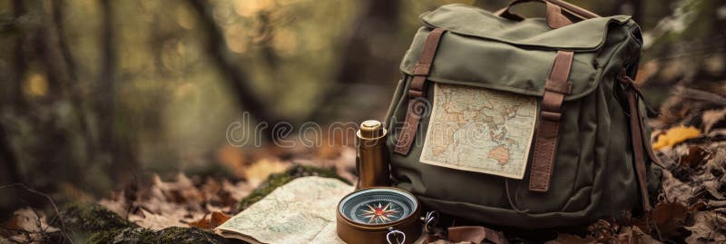 Exploring the Wilderness with a Backpack, Compass, and Map in a Serene ...