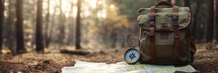 Exploring the Wilderness with a Backpack, Compass, and Map in a Serene ...