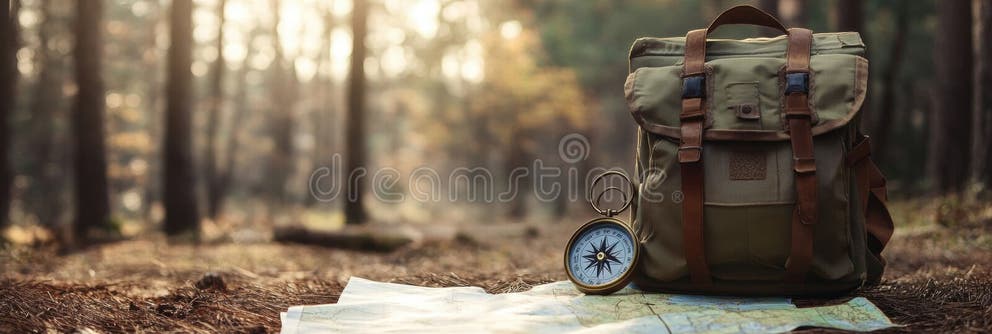 Exploring the Wilderness with a Backpack, Compass, and Map in a Serene ...