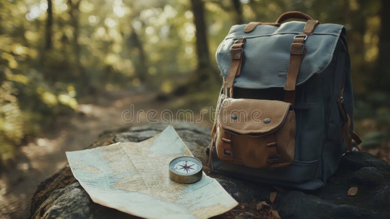 Exploring the Wilderness with a Backpack, Compass and Map in a Tranquil ...