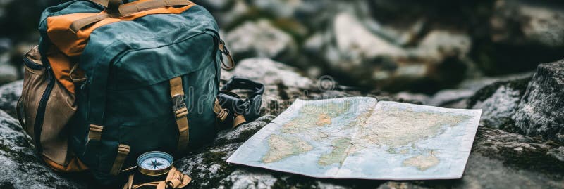 Exploring the Wilderness with a Backpack and Map on Rocky Terrain ...