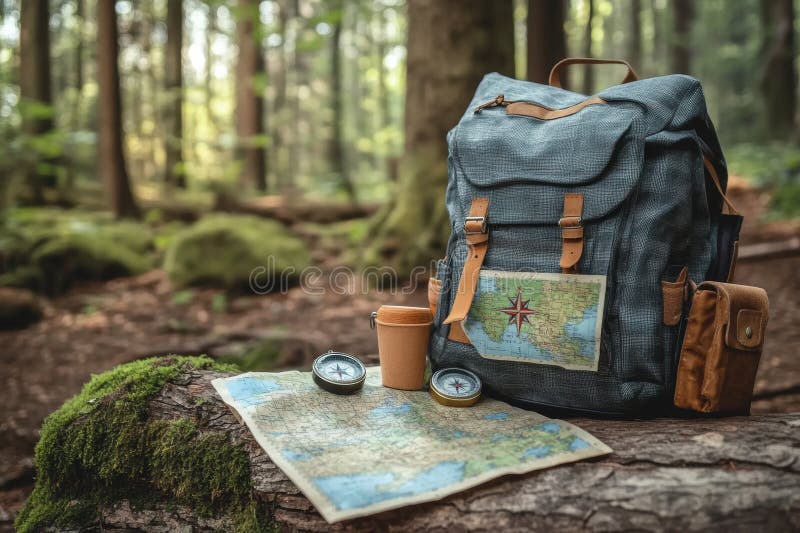Exploring the Wilderness with a Compass, Map, and Backpack Surrounded ...