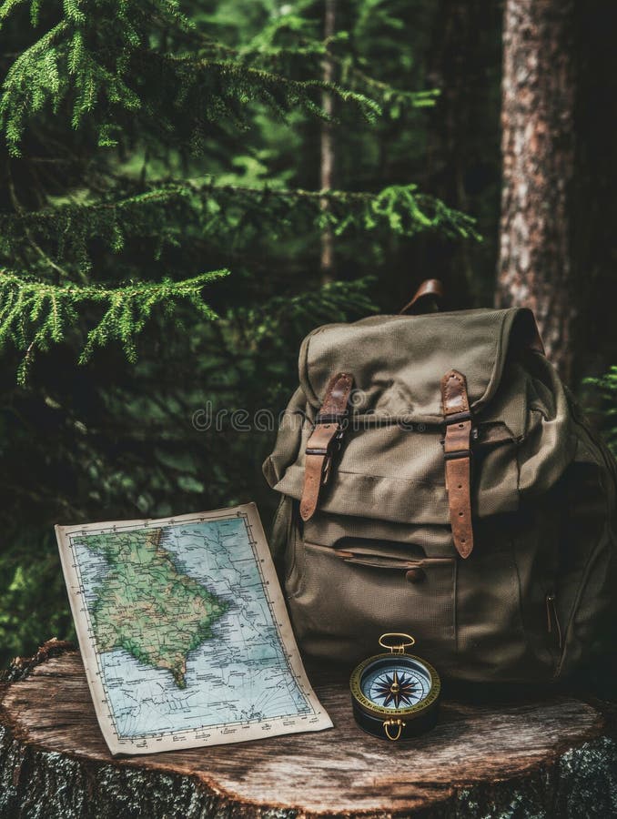 Exploring the Wilderness with a Compass, Map, and Backpack on a Tree ...
