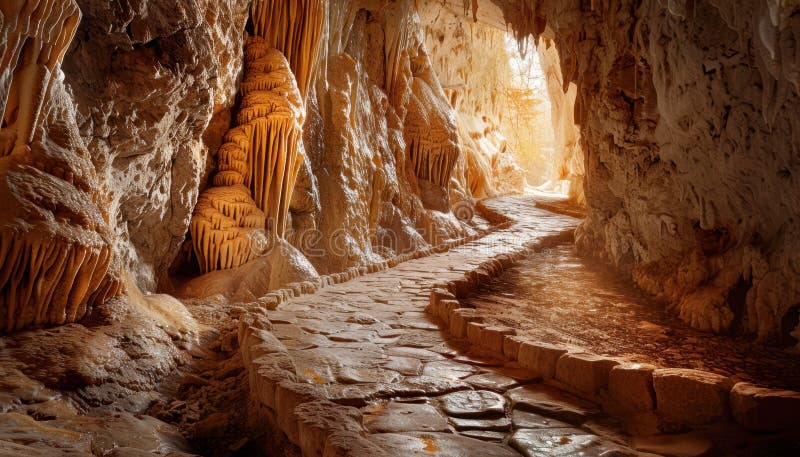 Exploring a Winding Stone Path through a Brightly Lit Cave Adorned with ...