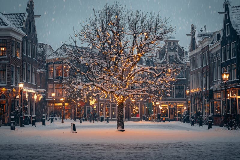 Exploring the Winter Cityscape: Snow, Trees, and Inviting Lights. Stock ...