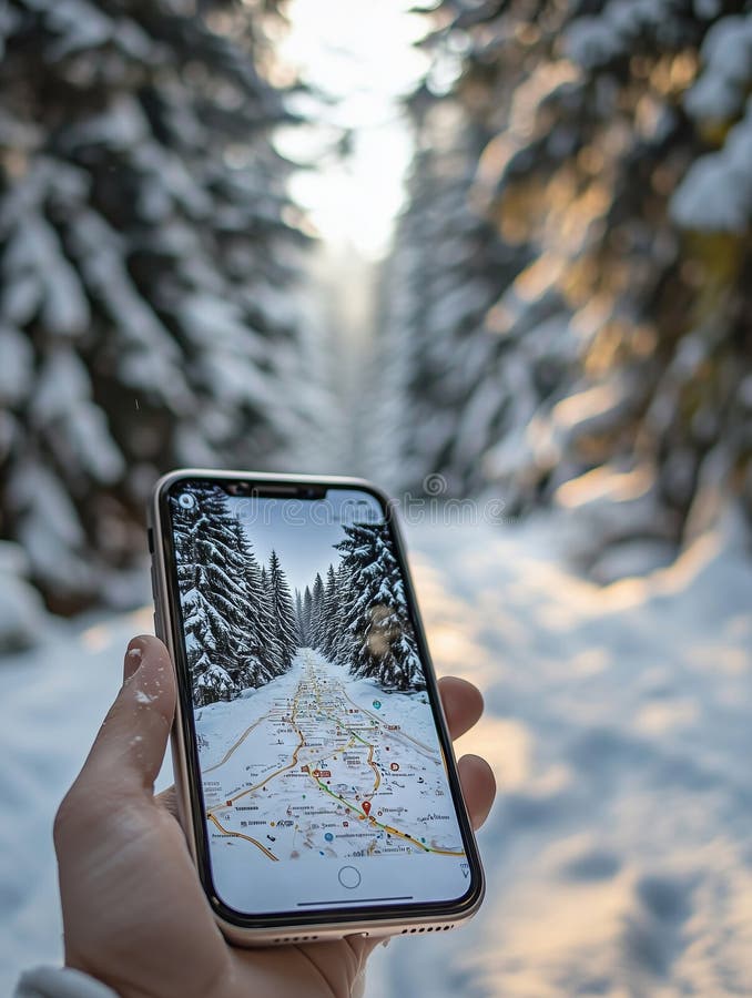 Exploring Snowy Forest Trail Interactive Map Mobile Device Stock Photos ...