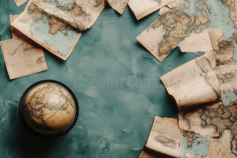 Exploring the World with an Antique Globe Surrounded by Vintage Maps on ...