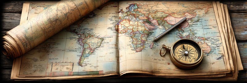 Exploring the World with a Folded Map, Marker, and Vintage Compass on a ...
