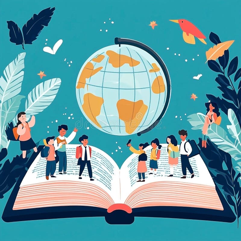 Exploring World Knowledge Vibrant Illustration Students Open Book Globe ...