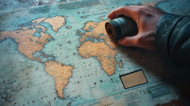 Exploring a World Map with a Hand Holding a Magnifying Glass for ...