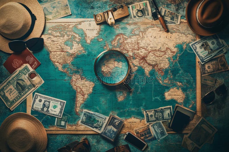 Exploring the World a Travel Map Surrounded by Adventure Essentials and ...