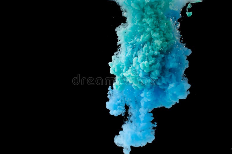 Explosion of Acrylic Blue Paint in Water with Bubbles. Black Background ...