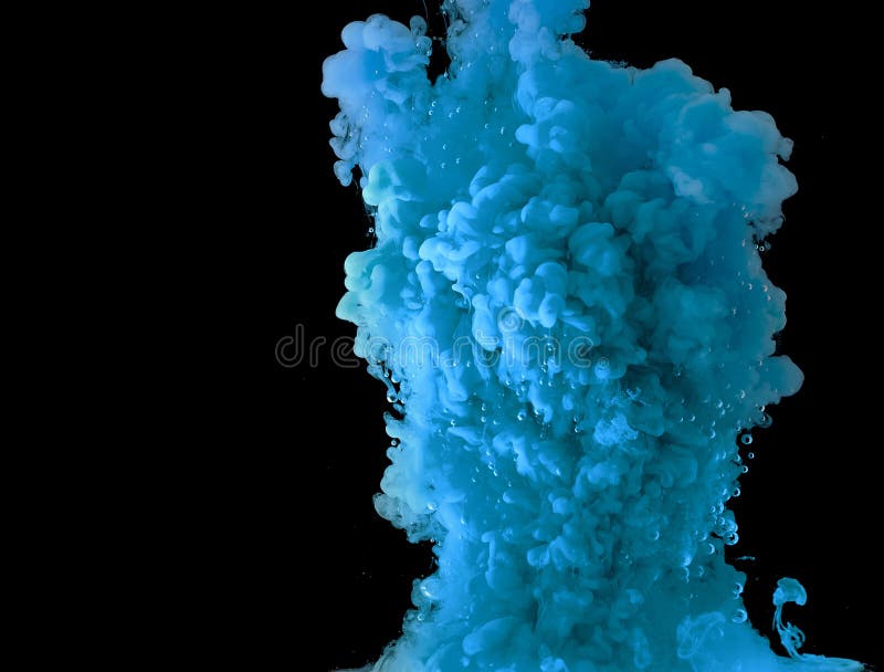 Explosion of Acrylic Blue Paint in Water with Bubbles. Black Background ...