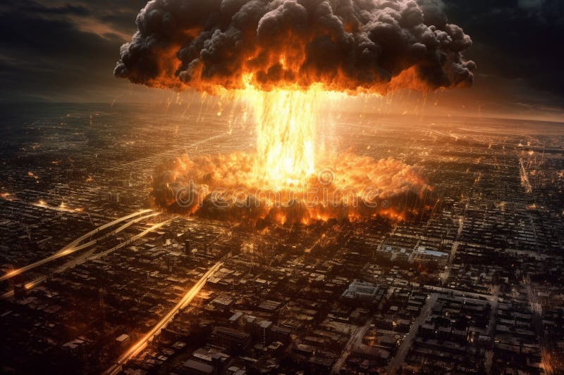 Explosion of Atomic Bomb Over City at Sunset. 3D Rendering Stock ...