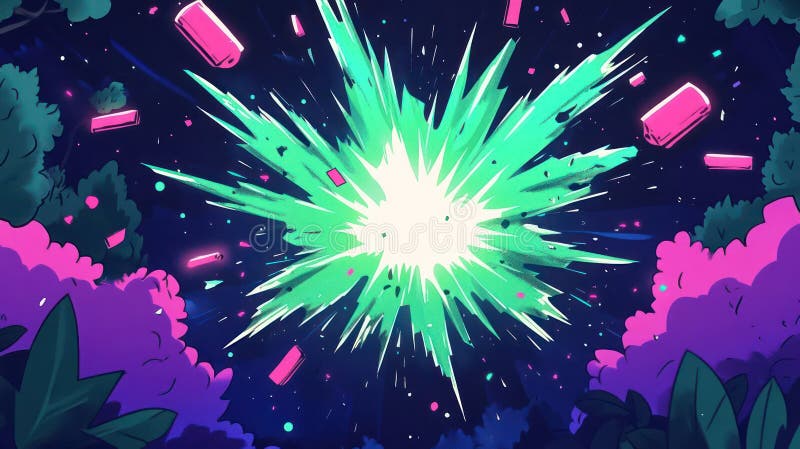 Vibrant Neon Explosion in a Dark Fantasy Forest Stock Illustration ...