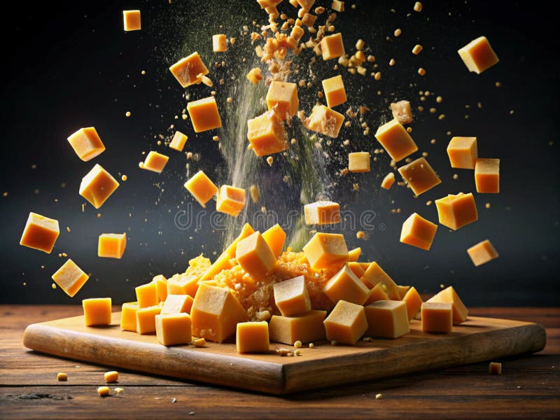 An Explosion of Cheese Cubes and Slices Raining Down Over a Board Stock ...
