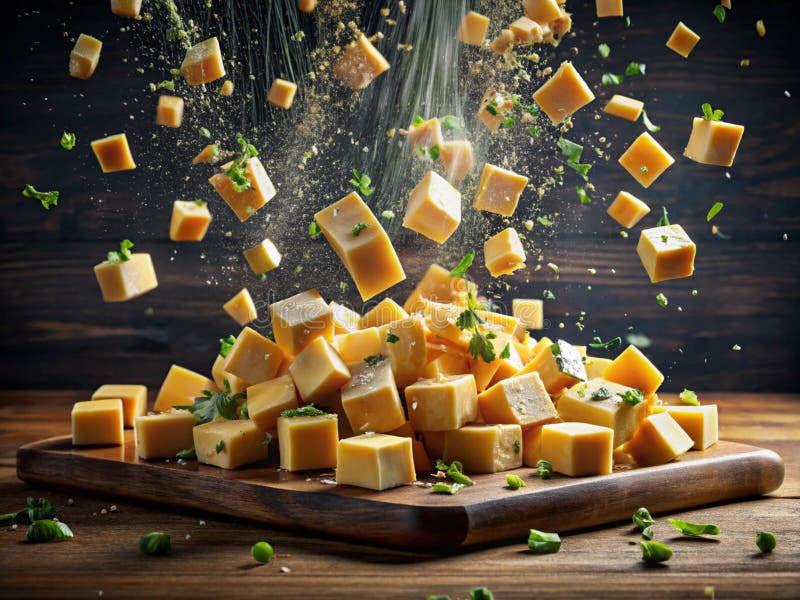 An Explosion of Cheese Cubes and Slices Raining Down Over a Board Stock ...