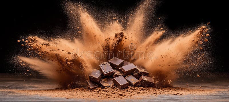 Explosion of Chocolate. Pieces of Dark Chocolate Bar with Cocoa Powder ...
