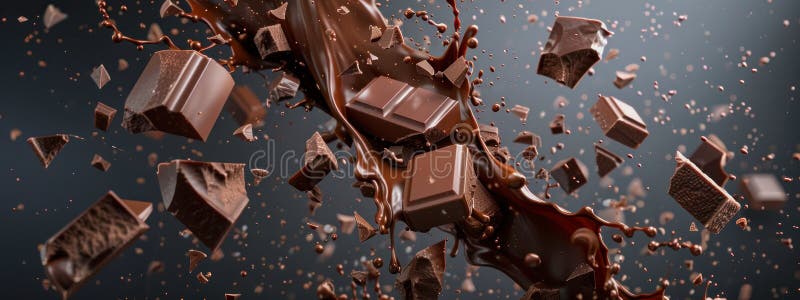 Chocolate Explosion, Pieces Floating Around Against Gray Background ...