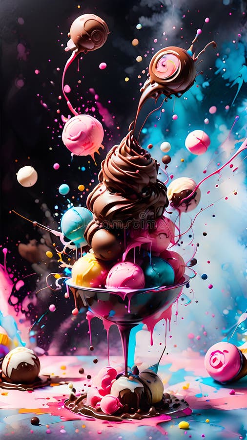 Explosion of Chocolates Ice Cream and Chocolate Cake Illustration with ...