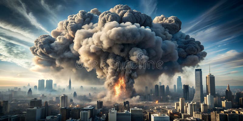 An Explosion in the City a Big Cloud of Smoke from the Explosion an ...