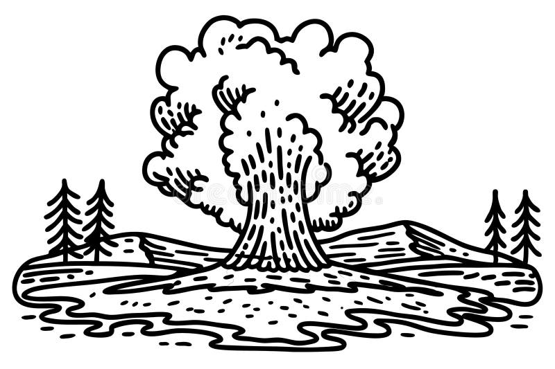Explosion Cloud Over Landscape Drawing Dynamic Nature Scene with Trees ...