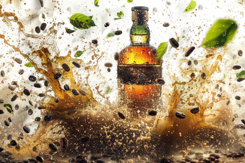 Explosion of Coffee Drink, Coffee Beans and Alcohol Bottle for Unique ...